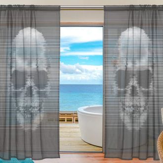 Mnsruu Halloween Vorhänge mit Totenkopf-Motiv, 198 cm lang, Voile Transparente Gardinen für Wohnzimmer, Schlafzimmer, 2er Set