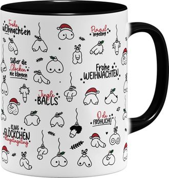 OM3 Lustige Jingle Balls Weihnachts Kaffee-Tasse mit Penisse - Pimmel Tasse Penis-Muster Doodle - Keramik Becher - 325ml - Beidseitig Bedruckt - Schwarz