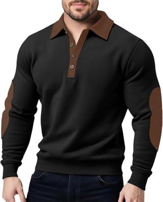 Generic Chemise unie &agrave; manches longues pour homme - Sweat-shirt &agrave; manches longues avec col et &eacute;cusson - Pull d&eacute;contract&eacute; pour int&eacute;rieur et ext&eacute;rieur, Noir, 3X