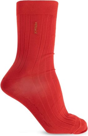 Versace Femme, Sous-v&ecirc;tements, Rouge, Taille: S Chaussettes c&ocirc;tel&eacute;es en coton brod&eacute;