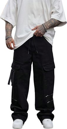 SOLY HUX Herren Cargo Hose Lang Cargohose mit Tasche Y2K Breite Bein Freizeithose Einfarbig Caualhose Sporthose Streetwear Schwarz M