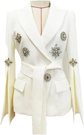 Generic Veste de créateur à manches fendues avec strass et perles pour femme, blanc, M