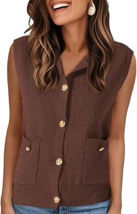 Allegra K D&eacute;bardeur en tricot boutonn&eacute; sans manches pour femme avec poches 2025, marron, S