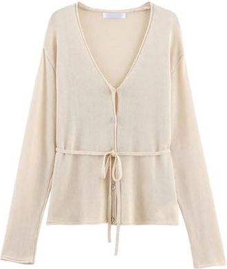 Generic Cardigan en lin tricot&eacute; avec ceinture &agrave; lacets et col en V pour femme, beige, Taille XS
