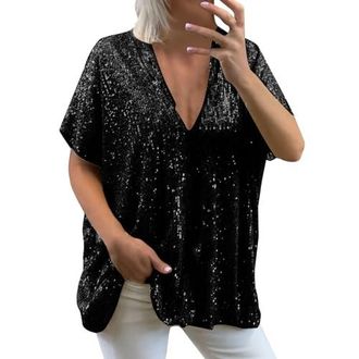 Generic T Shirt Femmes &agrave; Manches Courtes Col en v Brillant M&eacute;tallis&eacute; Glitter Grandes Tailles &Eacute;l&eacute;gante Basique Paillettes Haut D&eacute;contract&eacute; Brillante Sequins &Eacute;t