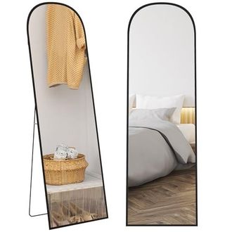 HOMCOM Miroir sur Pied, Miroir Mural rectangulaire, Arrondi, Cadre en Aluminium, Support pour entr&eacute;e, Chambre, Dressing, 50 x 161,5 cm, Noir