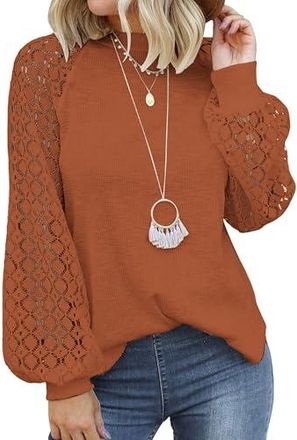 Zeagoo Chemisier élégant en dentelle pour femme, col rond, manches longues, bouffantes, décontracté, raglan, Haut dautomne, Citrouille., XXL