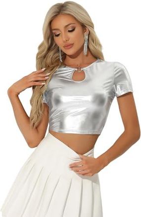 Allegra K Femmes T-Shirt Courts Métalliques Holographic Top à Paillettes Hauts Manche Courte Découpé Devant pour Fête Club Argent S