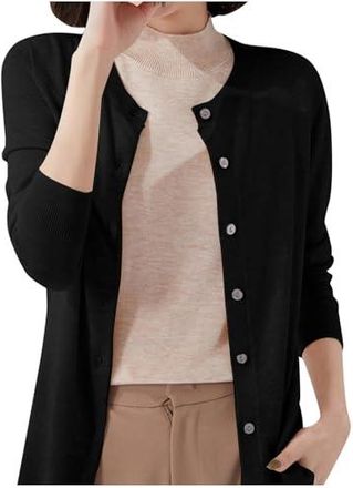 Generic 2026 - Vestes pour femmes, coupe ajust&eacute;e, cardigan l&eacute;ger | Veste en tricot &agrave; manches longues et col rond ouvert sur le devant, Noir, XXL