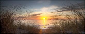 Wallario Glasbild Sonnenuntergang am Strand - 50 x 125 cm Wandbilder Glas in Premium-Qualität: Brillante Farben, freischwebende Optik