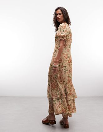 Reclaimed Vintage Robe boutonn&eacute;e mi-longue &agrave; petites fleurs et volants-Multi