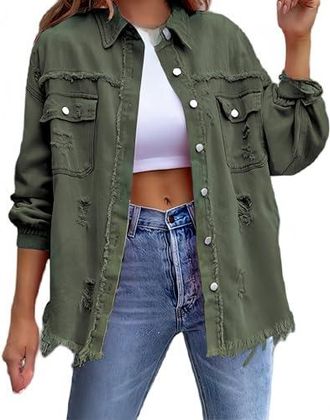 Ocean Plus Femmes Automne Boutonnage Blouses Veste en Jean &agrave; Trous de Fourrure &agrave; Manches Longues Casual Revers Top Shirt Veste en Jean &agrave; Manches Longues Lav&eacute;e (L