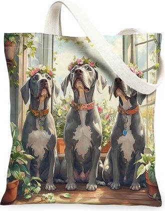 Generic Sac fourre-tout en toile motif dogue allemand printanier 33 x 38,1 cm, sac r&eacute;utilisable &agrave; motif imprim&eacute; de plantes en pot pour femme, animal de compag