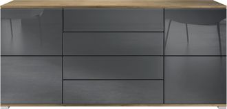 Vladon Sideboard Rova V2, Kommode mit 4 Türen und 4 Schubladen, Eiche Evoke/Grau Hochglanz (166,5 x 75,5 x 35)