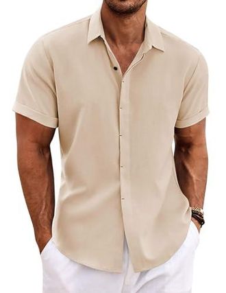 Coofandy Chemise en lin pour homme, chemise &agrave; manches courtes avec boutons, chemise d&eacute;contract&eacute;e &agrave; coupe r&eacute;guli&egrave;re, chemise en lin de plage d&eacute;t&eacute;, Kaki clair, L