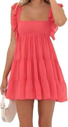 Generic Mini robe nuisette courte d&eacute;t&eacute; pour femme avec col carr&eacute; et manches volant&eacute;es, A - Rouge, L