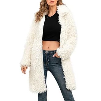 Generic Manteau long en peluche pour femme - Veste chaude et bouffante - Manches longues - Style d&eacute;contract&eacute; - Faux manteau chaud, blanc, S