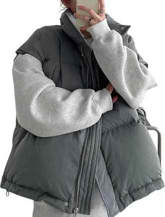 Generic Gilet bouffant surdimensionn&eacute; pour femme - Col montant - Fermeture &eacute;clair - Sans manches - Ourlet avec cordon de serrage - Pour lhiver, gris fonc&eacute;, XL