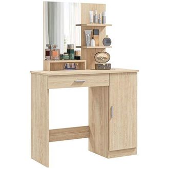 HOMCOM Table de maquillage avec miroir, station de maquillage avec tiroir, armoire, &eacute;tag&egrave;res ouvertes et &eacute;tag&egrave;re r&eacute;glable, table de toilette pour chambre &agrave; c