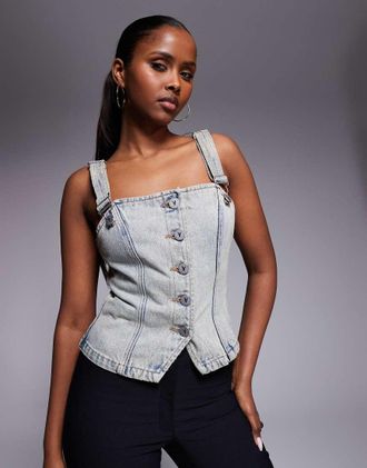 Abrand Gilet de tailleur densemble boutonn&eacute; en denim &agrave; dos nu - Bleu