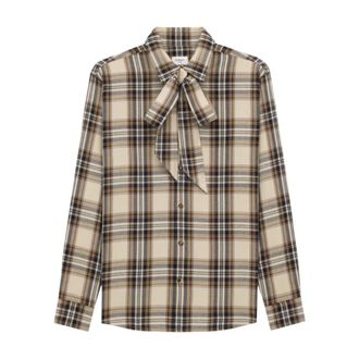 Saint Laurent Baumwoll-Tartan-Lavalli&egrave;re-Shirt mit Schleife - - Blouses & Shirts - Damen - Beige - M
