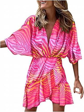 Generic 2026 Robes amincissantes pour femmes Floral irr&eacute;gulier ourlet robe &eacute;l&eacute;gante mince manches chauve-souris fleur en mousseline, rose vif, XXL