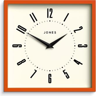 Jones Clocks Box wanduhr | Retro quadratisch | 25cm | Orange | Leicht lesbare Zahlen | Perfekte küchen oder bürouhr