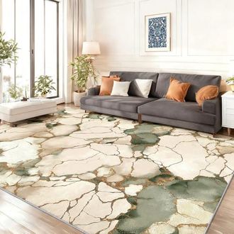 Generic Beige Tapis pour Salon 160 x 230 cm, Lavables avec Dos Antid&eacute;rapant, Tapis &agrave; Poils Courts Imprim&eacute; Shabby Chic Luxe Fissures du Marbre pour Cuisine Sal