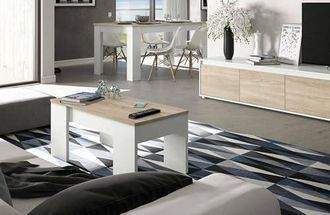 Dmora Couchtisch Oceanside, Couchtisch mit hochklappbarer Platte, niedriger Wohnzimmertisch, 100 x 50 x 45/56 cm, Weiß und Eiche