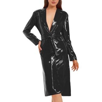 dPois Femme Manche Longue Jacket Cuir Verni Veste Moto Avec Ceinture Pole Danse Festival Rave V&ecirc;tements Y2K Veste Cuir Noir Marron carnaval Noir L