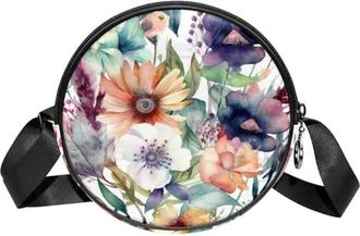 Generic Petit sac &agrave; bandouli&egrave;re circulaire pour femme, motif feuilles florales, sac &agrave; dos avec fermeture &eacute;clair, bretelles r&eacute;glables, sac &agrave; main rond d&eacute;contra