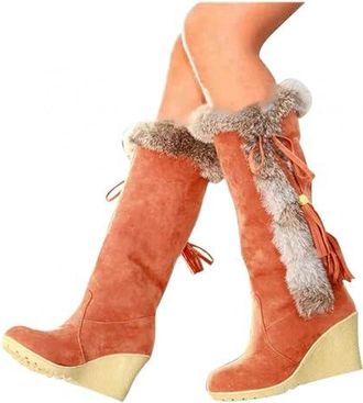 Generic Bottes montantes en fourrure pour femme, style boh&egrave;me, hiver, neige, large largeur doubl&eacute;e, talon compens&eacute;, mollet, bottines d&eacute;contract&eacute;es &agrave; lacets, c