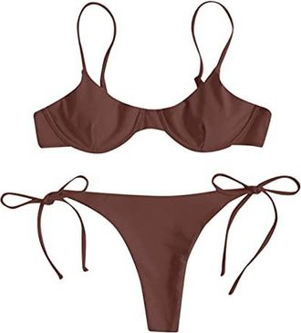 Generic Maillot de bain pour femme avec col en V push-up - Contr&ocirc;le du ventre - Taille haute - Triangle - Rembourr&eacute; - V&ecirc;tements de vacances pour femmes, caf&eacute;,
