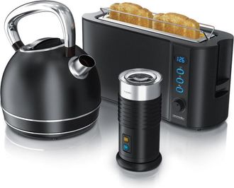 Arendo Fr&uuml;hst&uuml;cks-Set in Schwarz matt - Wasserkocher / Toaster / Milchaufsch&auml;umer - Arendo