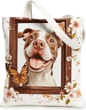 Generic Sac fourre-tout en toile motif chien Pitbull de printemps pour faire du shopping, 33 x 38,1 cm, sac &agrave; bandouli&egrave;re r&eacute;utilisable pour femme, peinture da