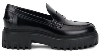 Hogan Womens Leather Slip-On Shoes Black Calfskin Loafers