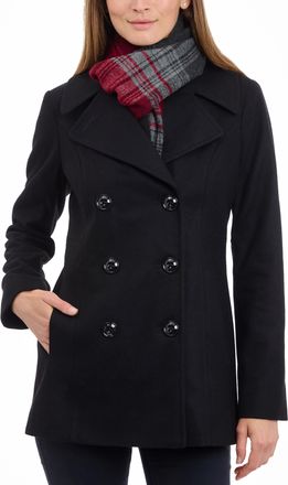 London Fog Damen Zweireihiger Peacoat mit Schal Caban-Jacke, schwarz, Medium