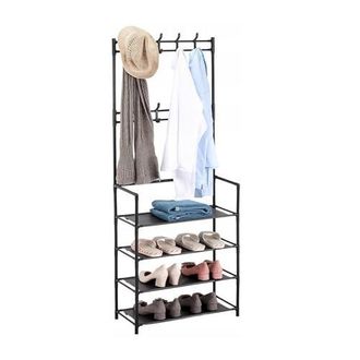 Relaxdays Garderobenst&auml;nder, 4 Schuhablagen, 2 Hakenleisten, Flurgarderobe HxBxT: 150,5 x 59,5 x 25 cm, Eisen, schwarz