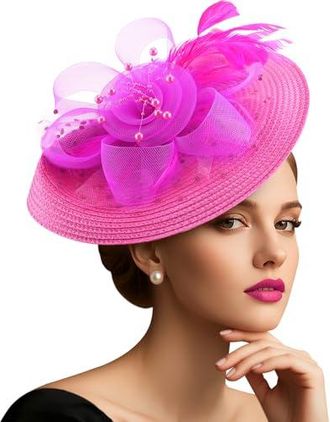 Dreshow Chapeau Fascinateur en Maille avec Plume Perlée sur Bandeau et Pince Fourchue Chapeau Cocktail Tea Party pour Filles et Femmes Noble Kentucky Hat Rose