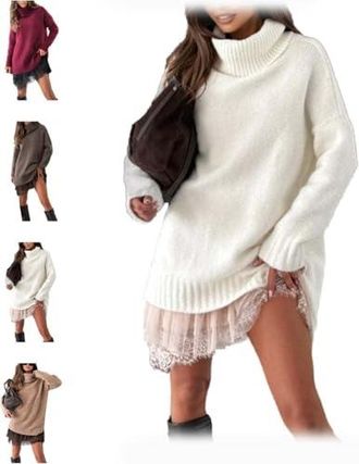 Generic Ensemble mini robe pull à col roulé 2 pièces pour femme, robe pull avec haut en tricot surdimensionné élégant avec bordure en dentelle, blanc, 10XL