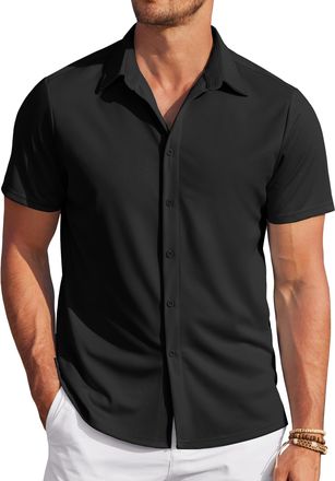 Coofandy Herren Freizeithemd, knitterfrei, kurzärmelig, Button-Down-Sommer-Stretch-Hemd, Schwarz, XX-Large