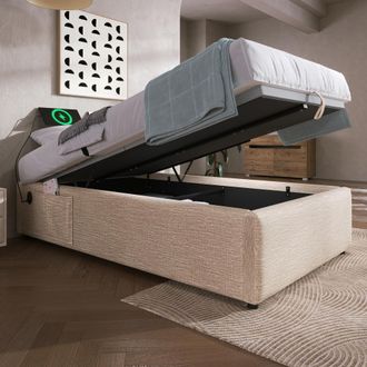 Merax Polsterbett Einzelbett 90x200 cm mit USB-C Ladefunktion & hydraulischem Stauraum, Stauraumbett ohne Kopfteil,Baumwolle/Leinen, Beige+Natur (Ohne Matra