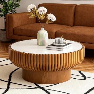 Generic Moderner Runder Geriffelter Couchtisch F&uuml;r Wohnzimmer Handgefertigter Trommel-Couchtisch Runde Mitteltische Mit Stabilem Sockel Geriffelte Runde Beist