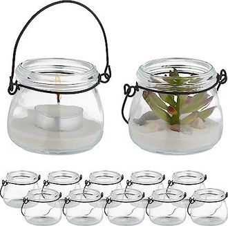 Relaxdays Windlicht, 12er Set, aus Glas, mit Henkel, innen & au&szlig;en, Teelichthalter, HxD 6,5x7,5 cm, transparent/schwarz