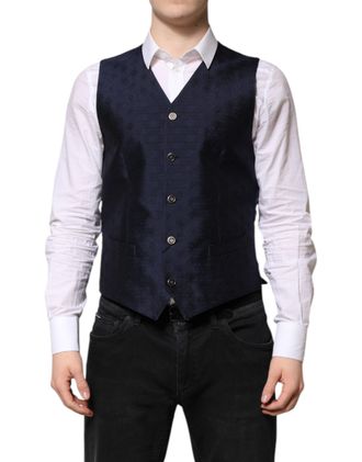 Dolce & Gabbana Dark Blue Logo Wool Formal Men Waistcoat Vest Virgin Elastane Clothing