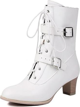 Generic Bottines confortables à lacets avec sangle à boucle pour femme - Bout rond - Talon bloc - Fermeture éclair latérale - Chaussures dhiver chaudes, blanc