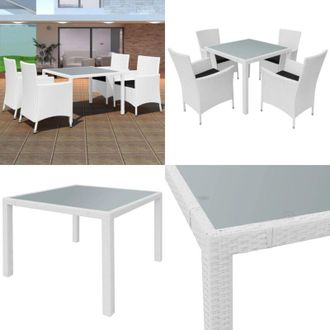 vidaXL 5-tlg. Garten-Essgruppe Poly Rattan Cremewei&szlig; - Gartentisch - Gartenstuhl - Rattan M&ouml;bel - Outdoor K&uuml;che - Terrassenm&ouml;beln - Home & Living