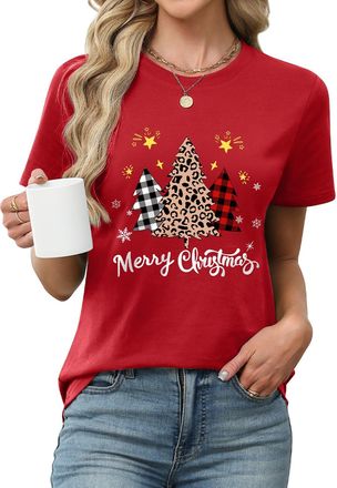 Heekpek Weihnachts T Shirt Damen Lustig Tshirt Weihnachten Baumwolle Rundhalsausschnitt Kurzarm T-Shirt Freizeit Bedruckte Weihnachts Oberteil, Rot Schneefloc