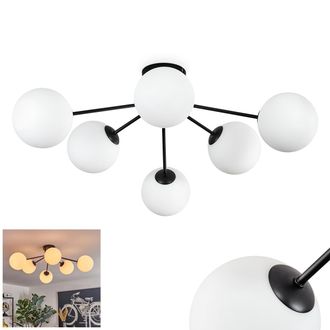 HOFSTEIN Deckenleuchte Gastor, Deckenlampe aus Metall/Glas in Schwarz/Wei&szlig;, Leuchte im modernen Retro/Vintage-Design mit Schirmen aus Glas (&Oslash; 15 cm), 6 x E14, 