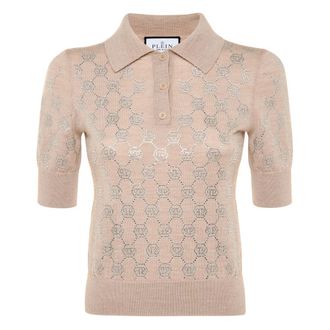 Philipp Plein Gestricktes Strass Polo-Neck SS Monogram - - Knitwear - Damen - Beige - S